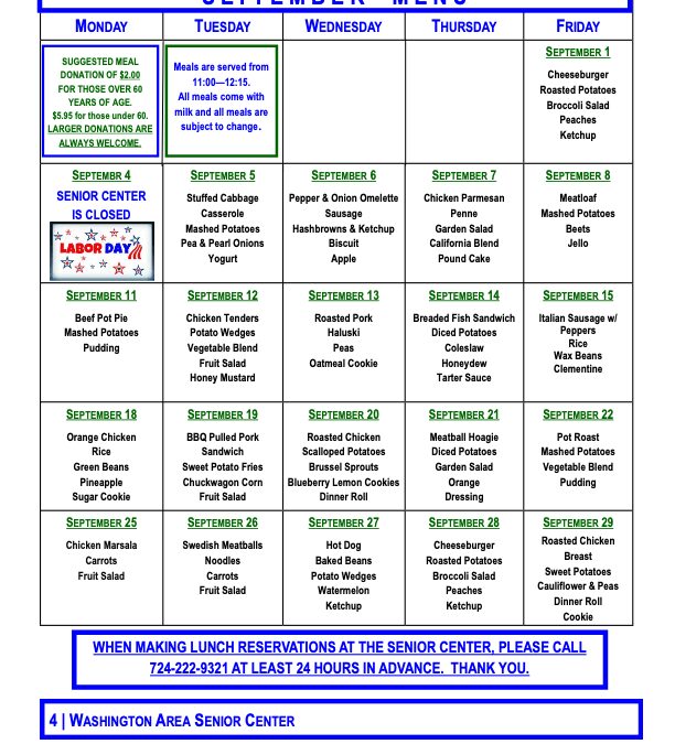September 2023 Lunch Menu | Washington Area Senior Center